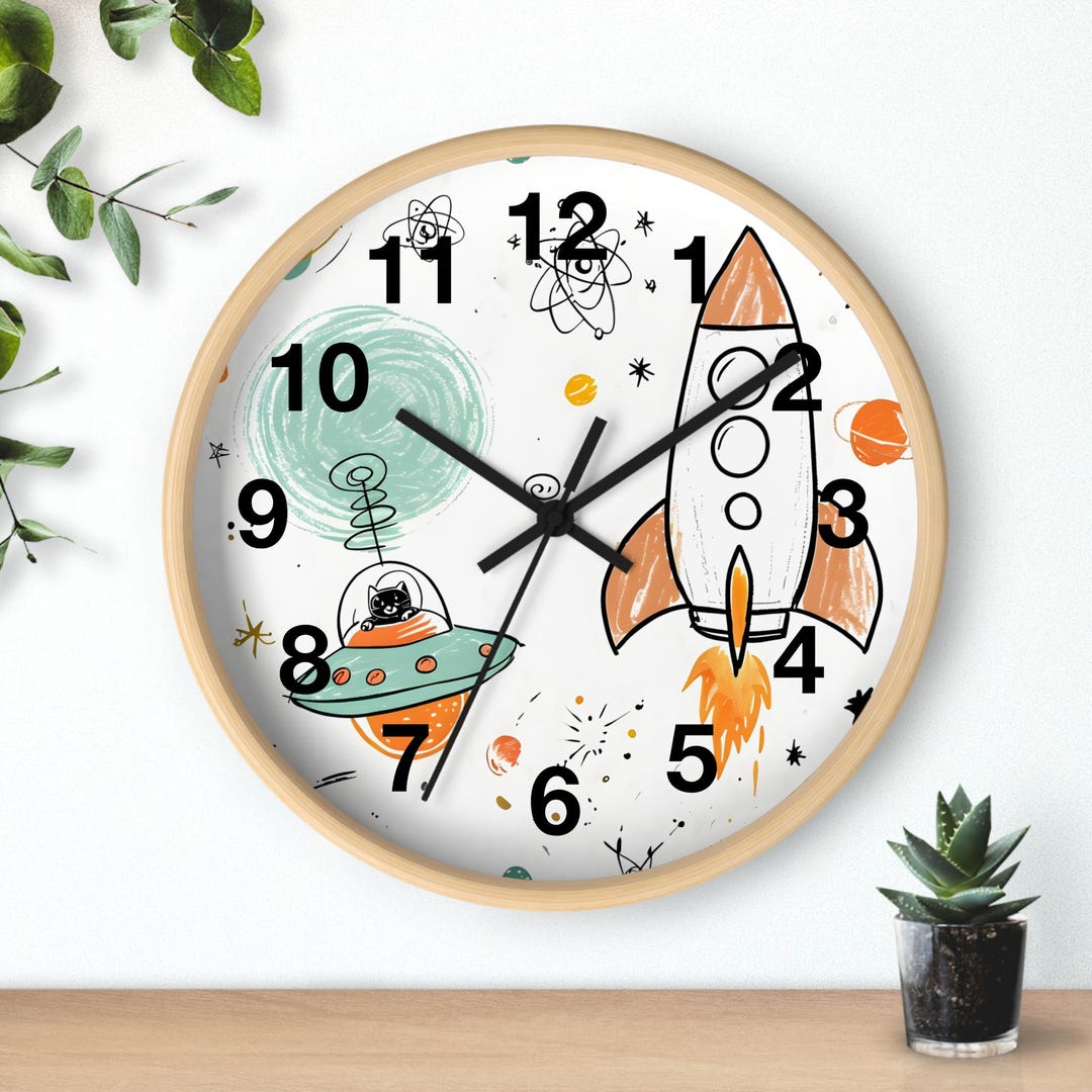 Rocket Adventure Wall Clock Fun Space Decor for Kids, Galaxy-themed ...