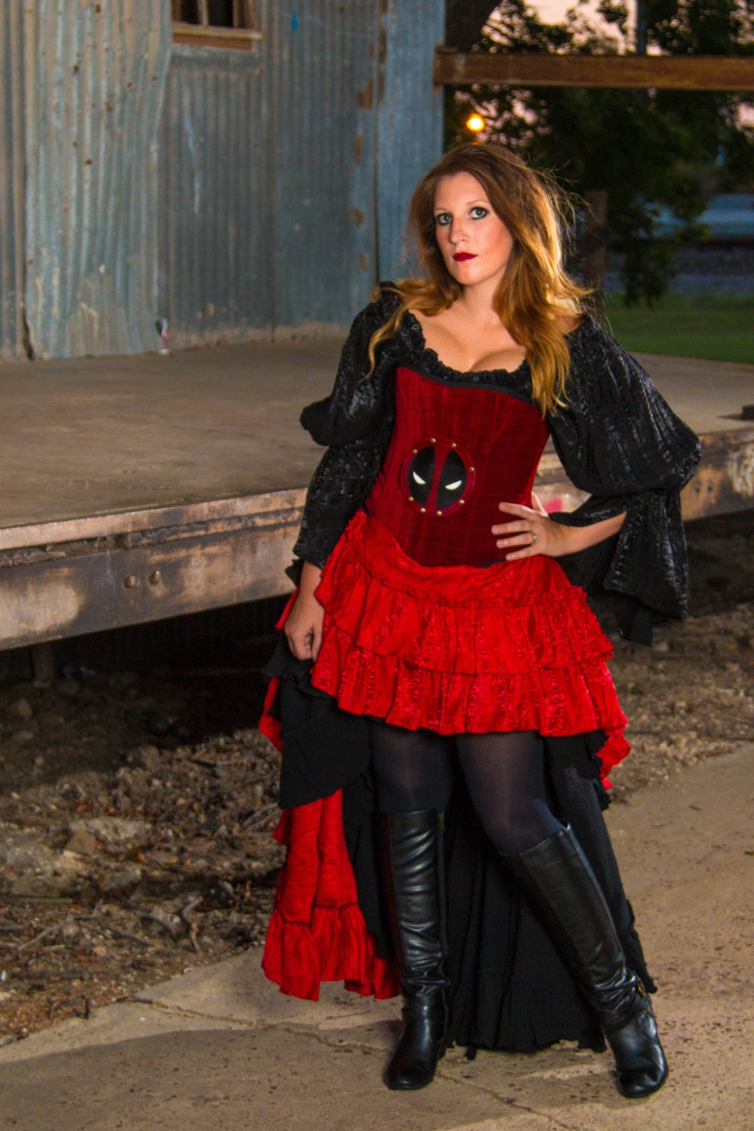 Red Fancy Saloon Skirts, Steampunk Deadpool Corset Costume, Victorian ...