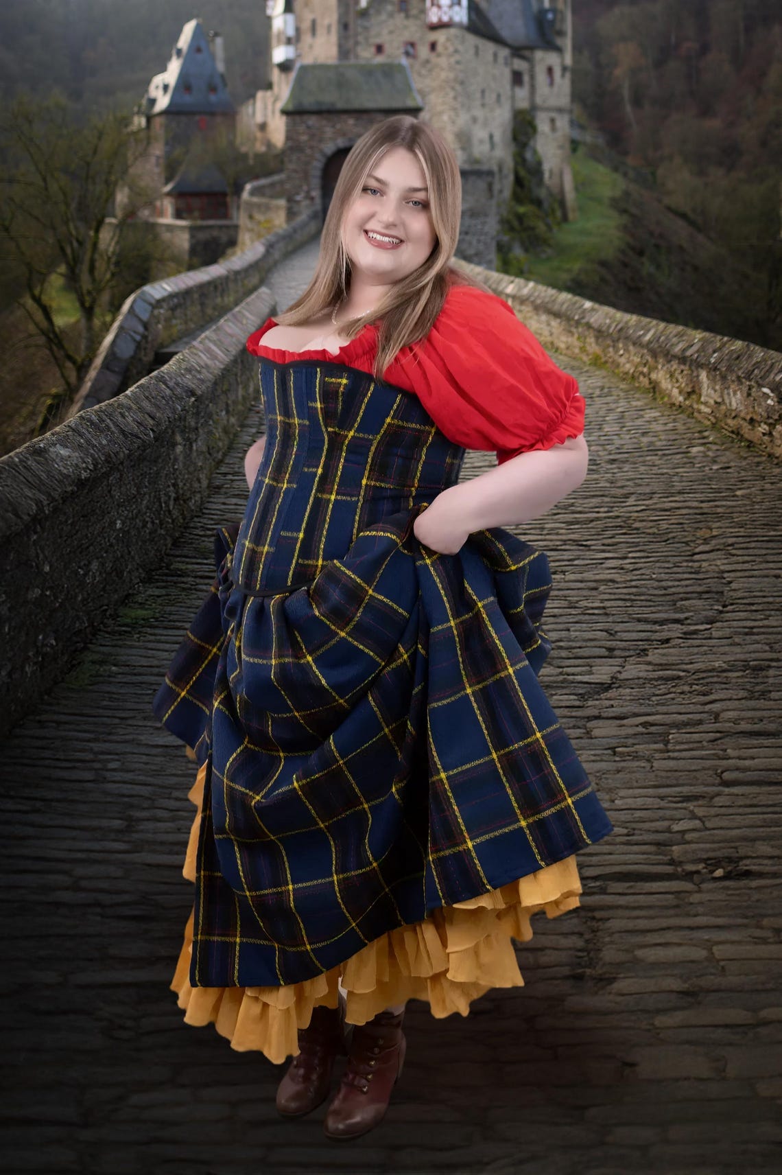 Navy and Yellow Celtic Plaid Corset Set, Renaissance, Ren Faire ...