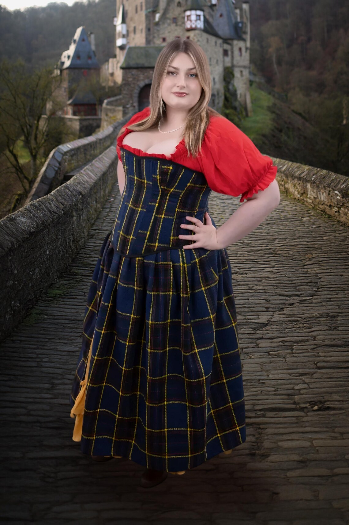 Navy and Yellow Celtic Plaid Corset Set, Renaissance, Ren Faire ...