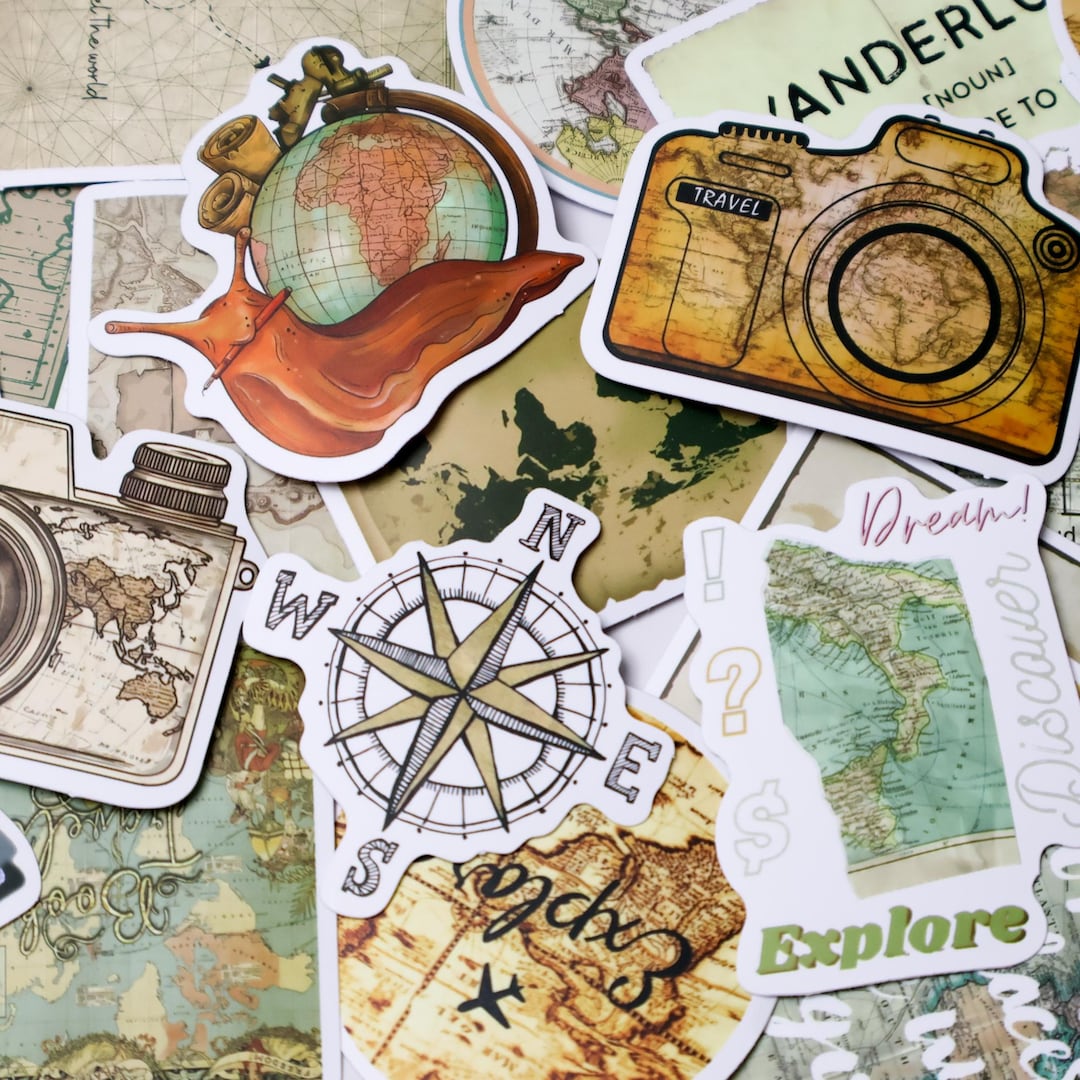 50PCS Travel Map Stickers, Vintage Compass Globe Camera Decals ...