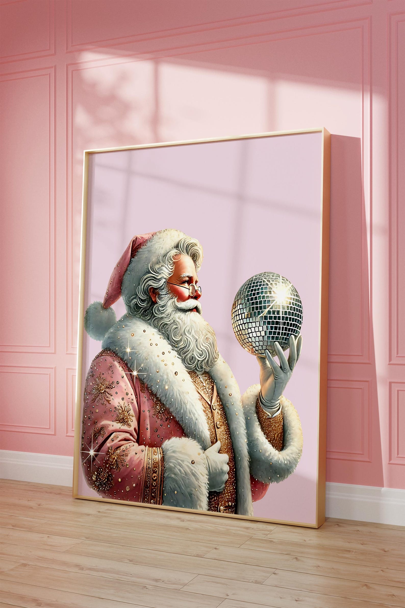 Retro Santa Disco Ball Print: Pink Christmas Wall Art (digital Art) - Etsy