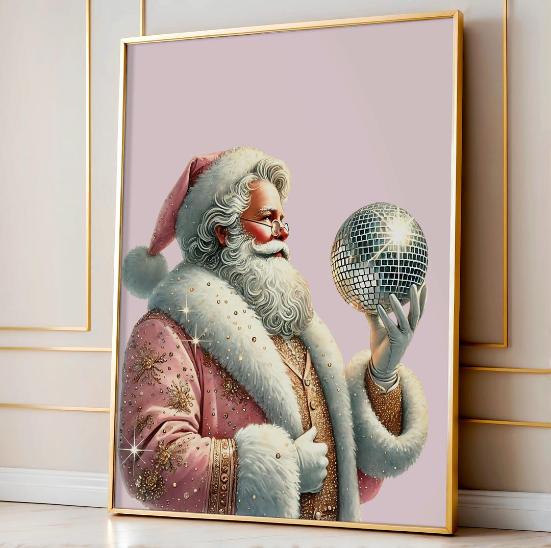 Retro Santa Disco Ball Print: Pink Christmas Wall Art (digital Art) - Etsy