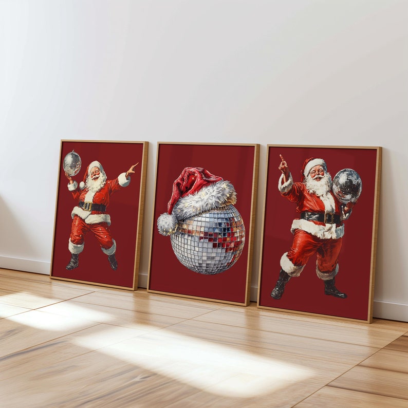 Vintage Disco Santa Claus Art Prints: Retro Christmas Decor (digital ...