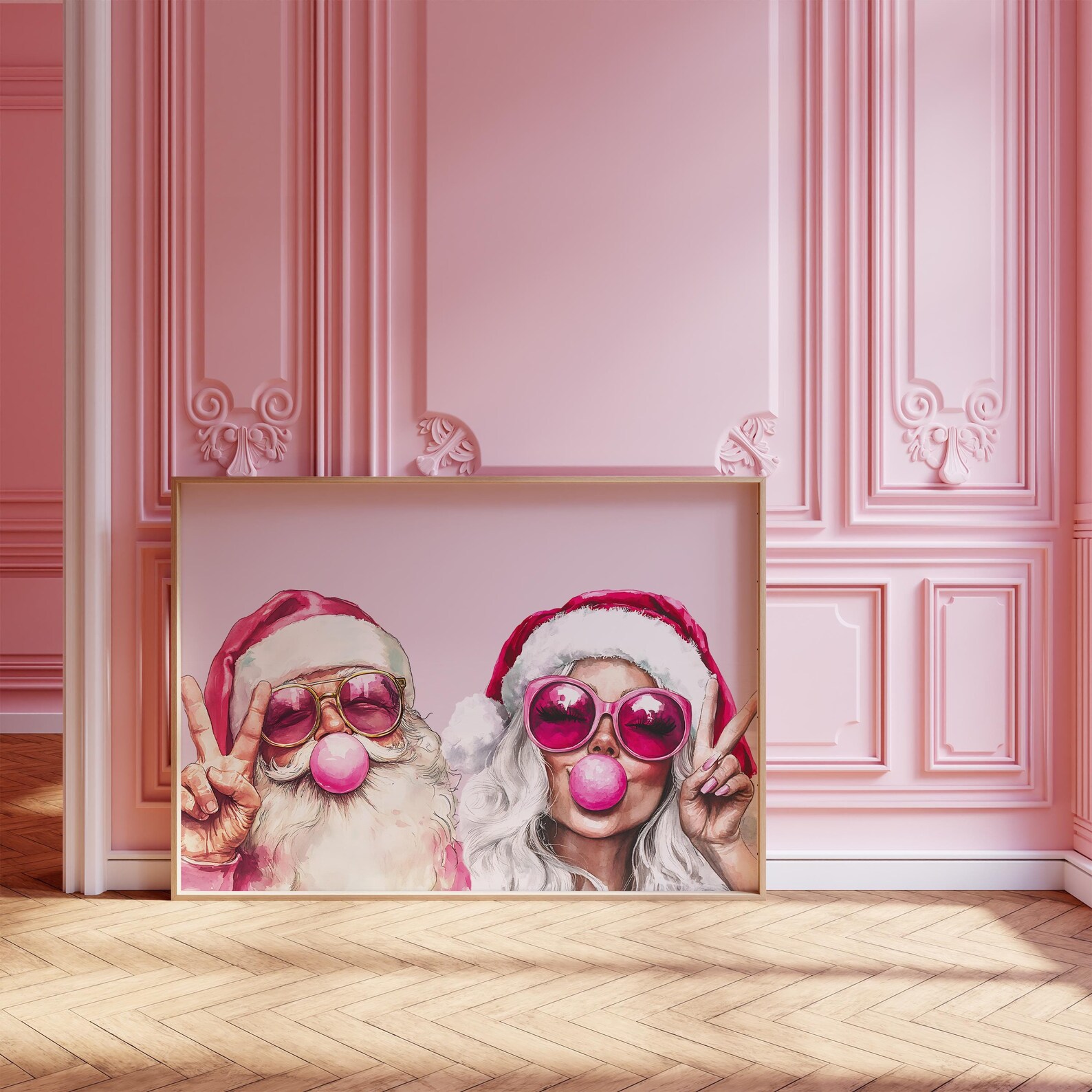 Pink Mrs and Mr Santa Wall Art Print Pink Christmas Decor Holiday Decor ...