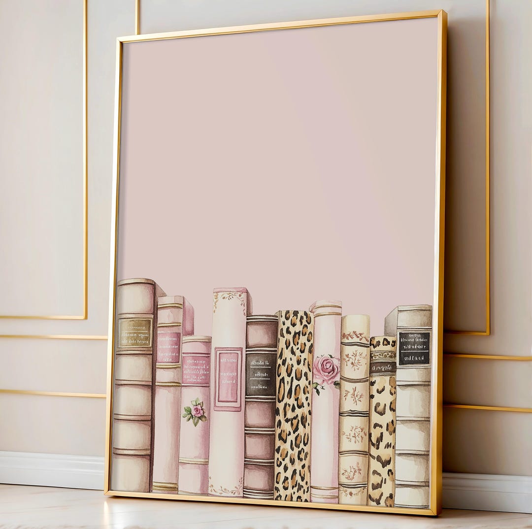Watercolor Bookshelf Art, Pink Library Decor, Trendy Book Print ...