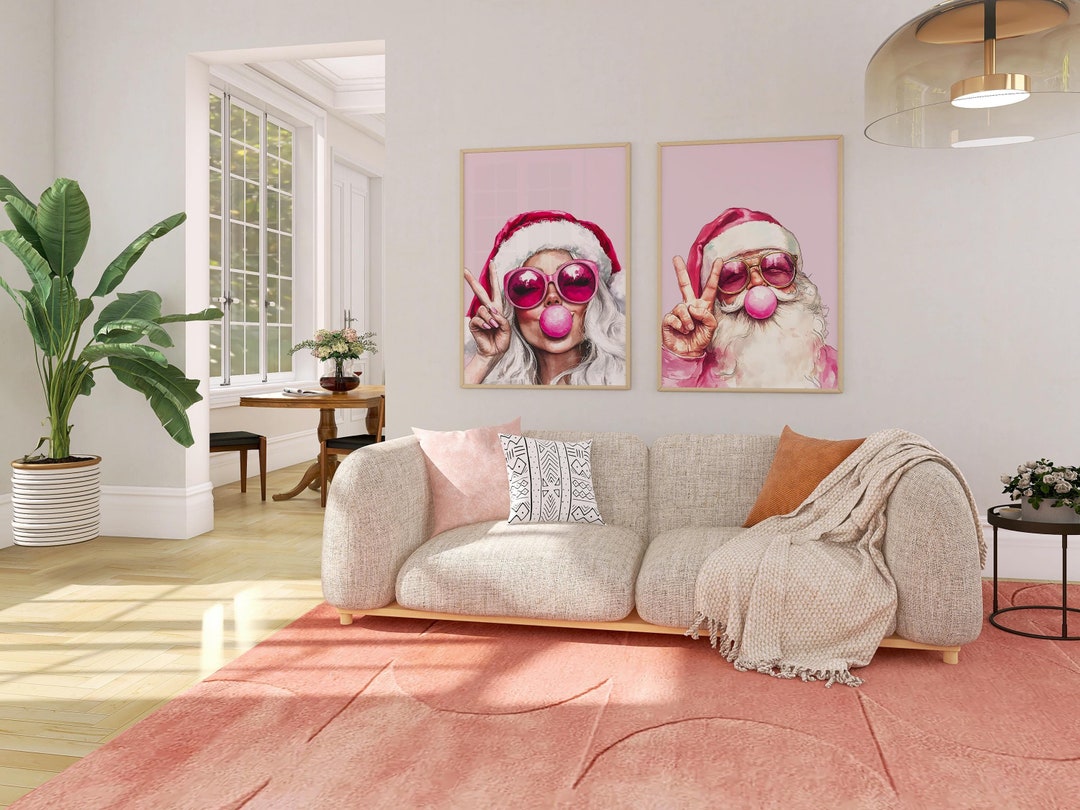 Pink Mrs and Mr Santa Claus Wall Art Prints Pink Christmas Decor ...