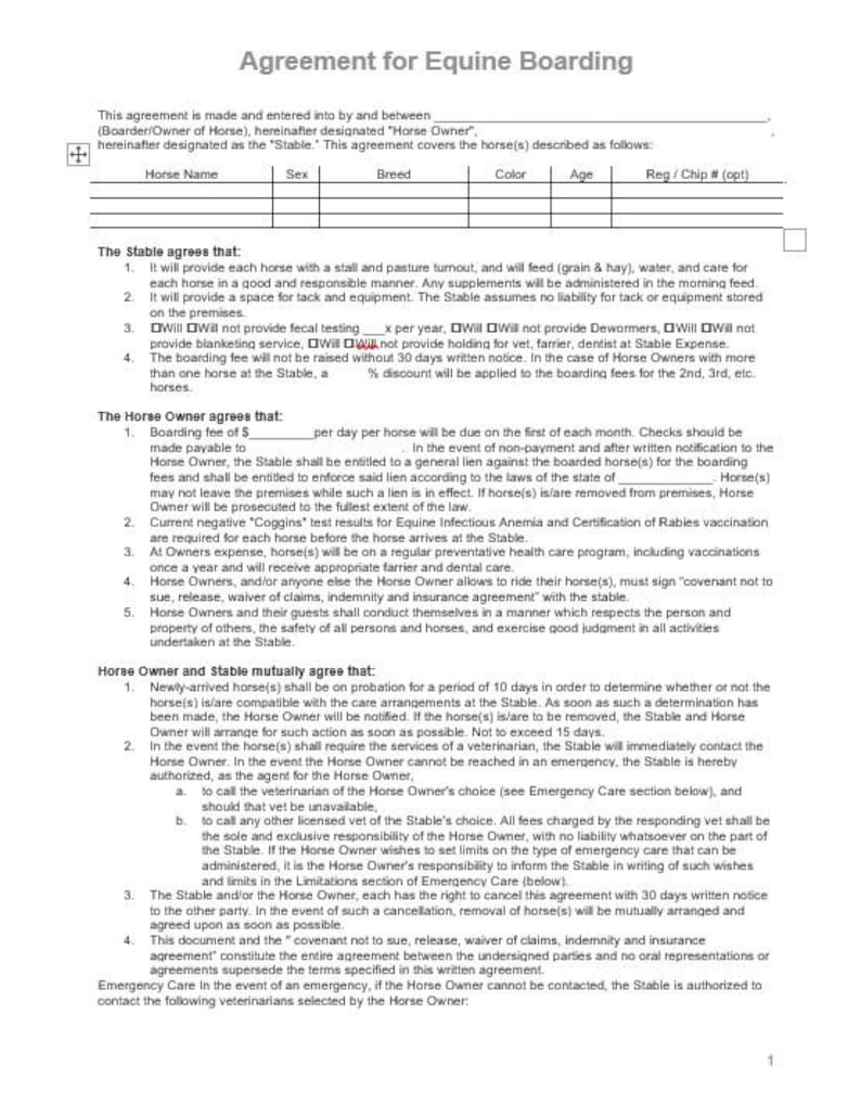 Horse Boarding Contract Template: Livery Agreement (PDF & DOCX) - Etsy
