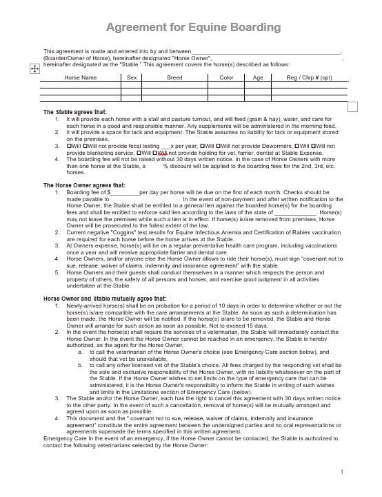 Horse Boarding Contract - Horse Livery Contract - Boarding Agreement ...