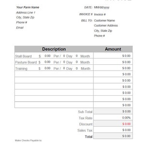 Customizable Horse Stable Invoice: Boarding & Care (PDF) - Etsy