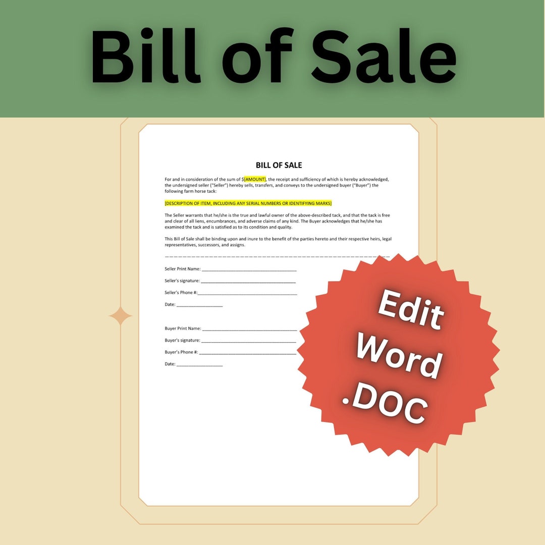 Horse Tack Bill of Sale - Sell Saddle, Sell Bridle, Sell Harness, Sell ...