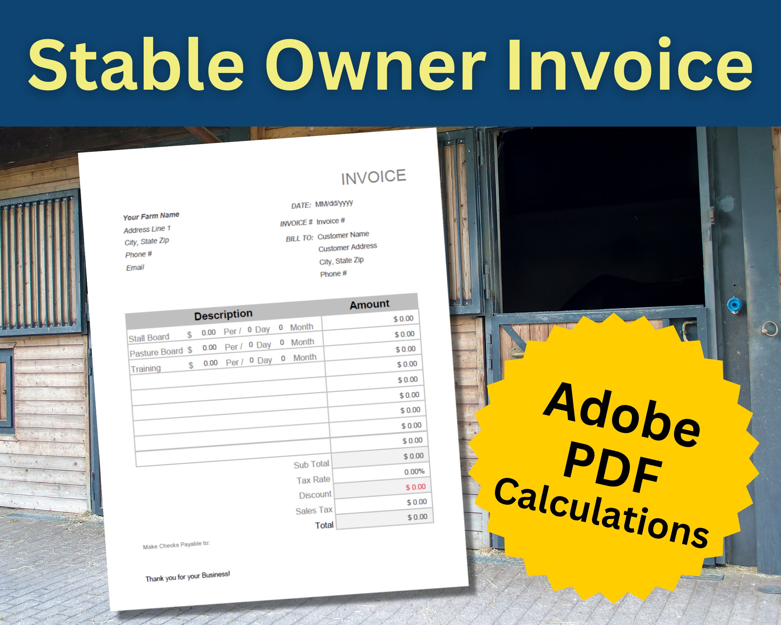 Customizable Horse Stable Invoice: Boarding & Care (PDF) - Etsy
