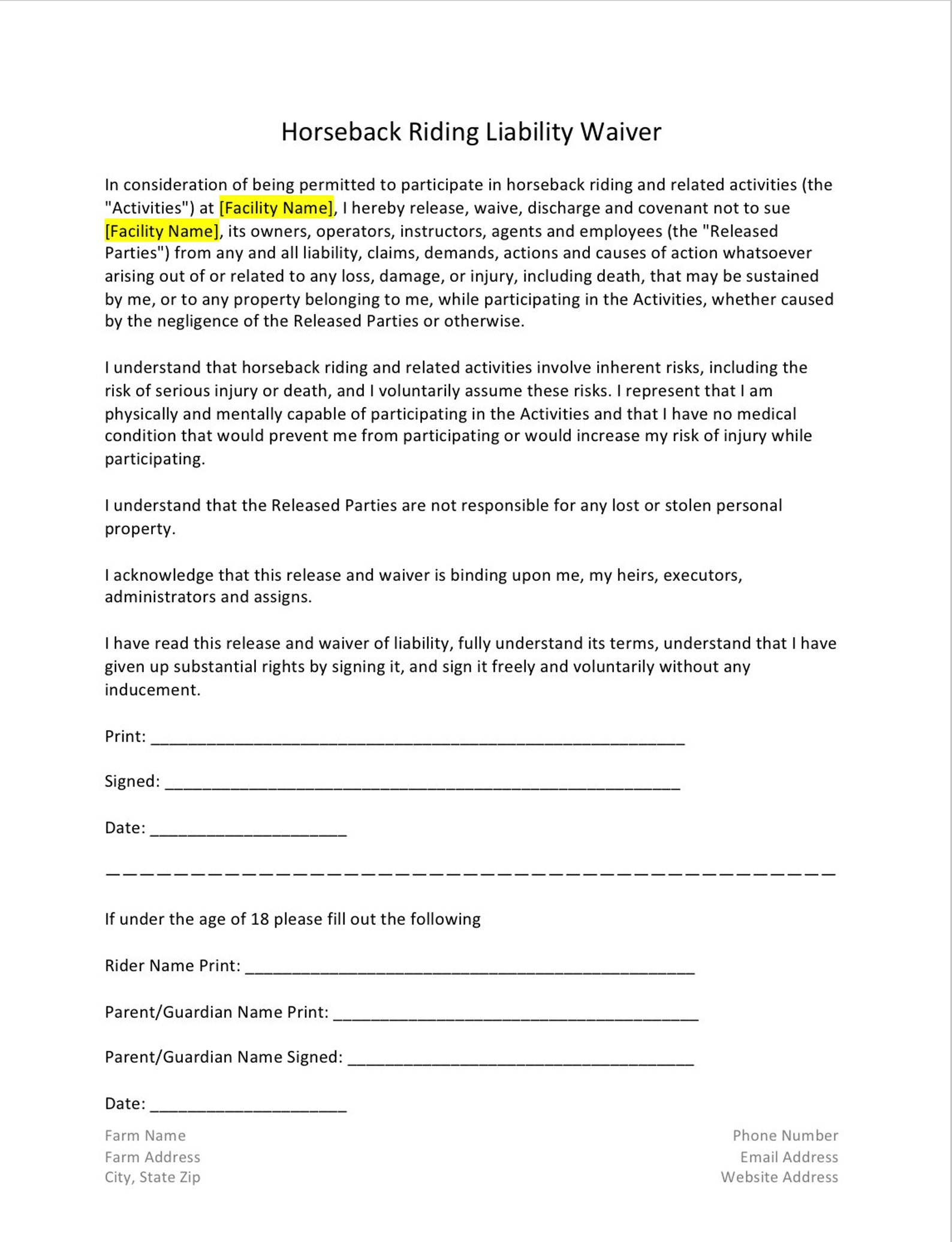 Horseback Riding Liability Waiver - Fillable PDF or Editable Word ...