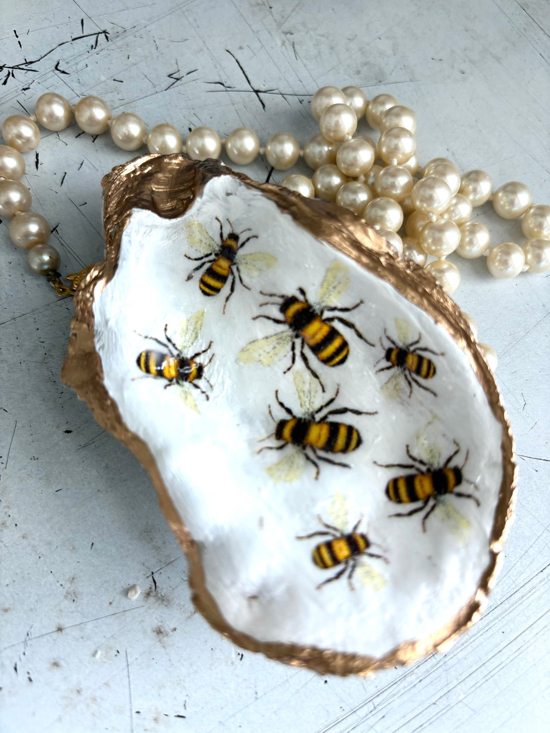 Bumble Bee Oyster Shell Trinket Dish, Bumble Bee Jewelry Dish, Bumble ...