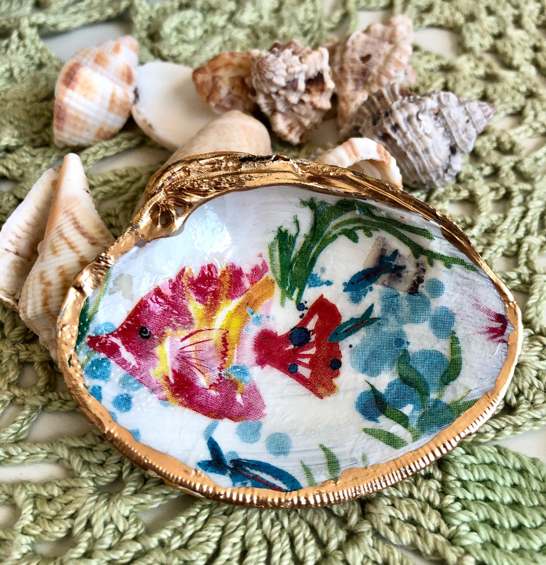 Clam Shell Trinket Dish, Decoupage Tropical Fish Ring Dish, Ocean ...