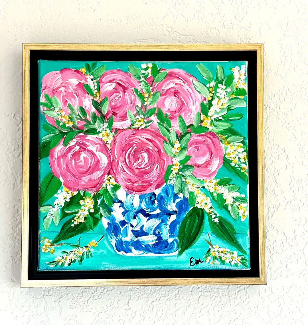 Pink Rose Bouquet Painting: Acrylic Floral Still Life, Framed Canvas ...