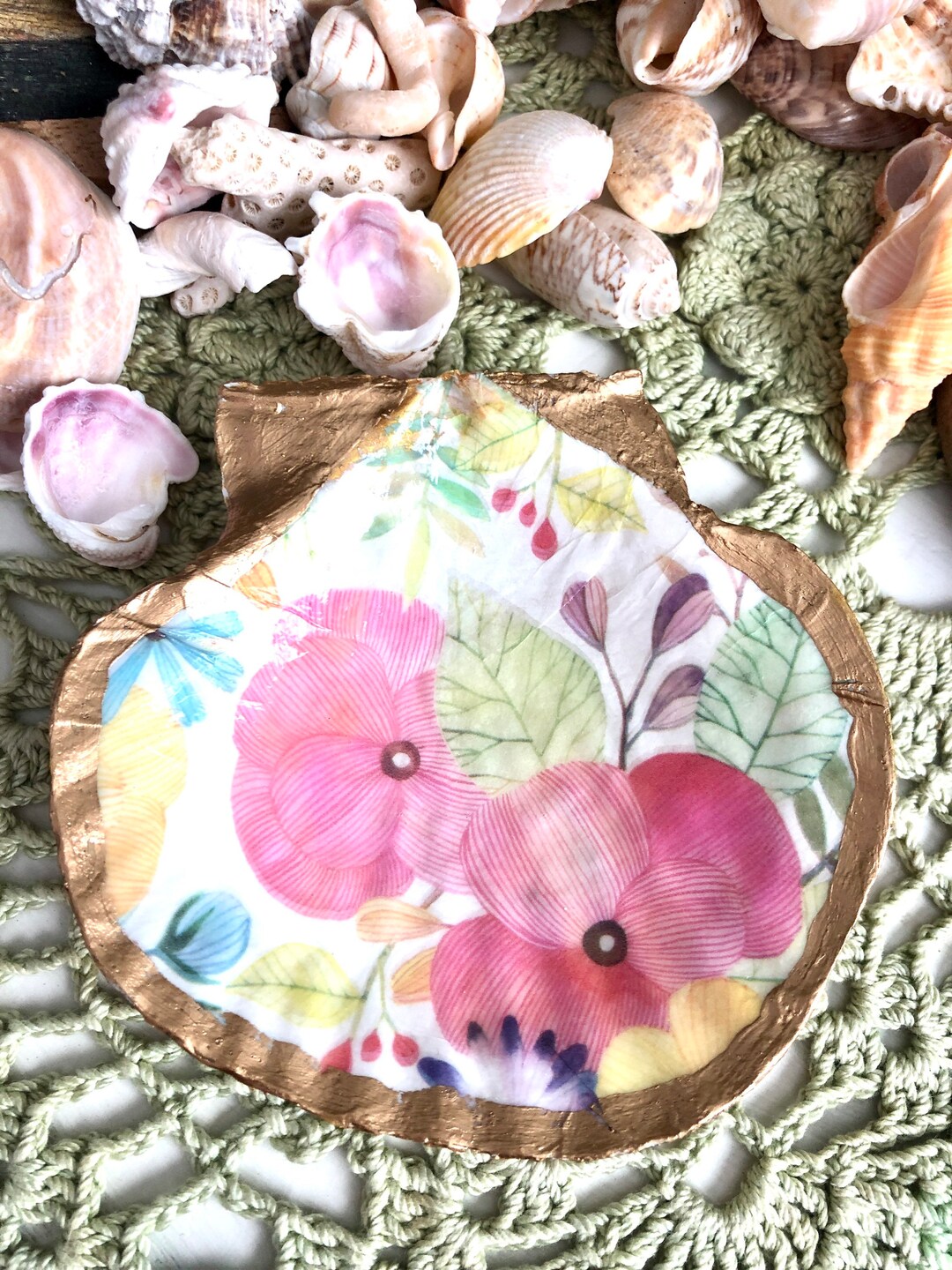 Pink Petunia Sea Shell Trinket, Beach Ring Dish, Coastal Grandmother ...