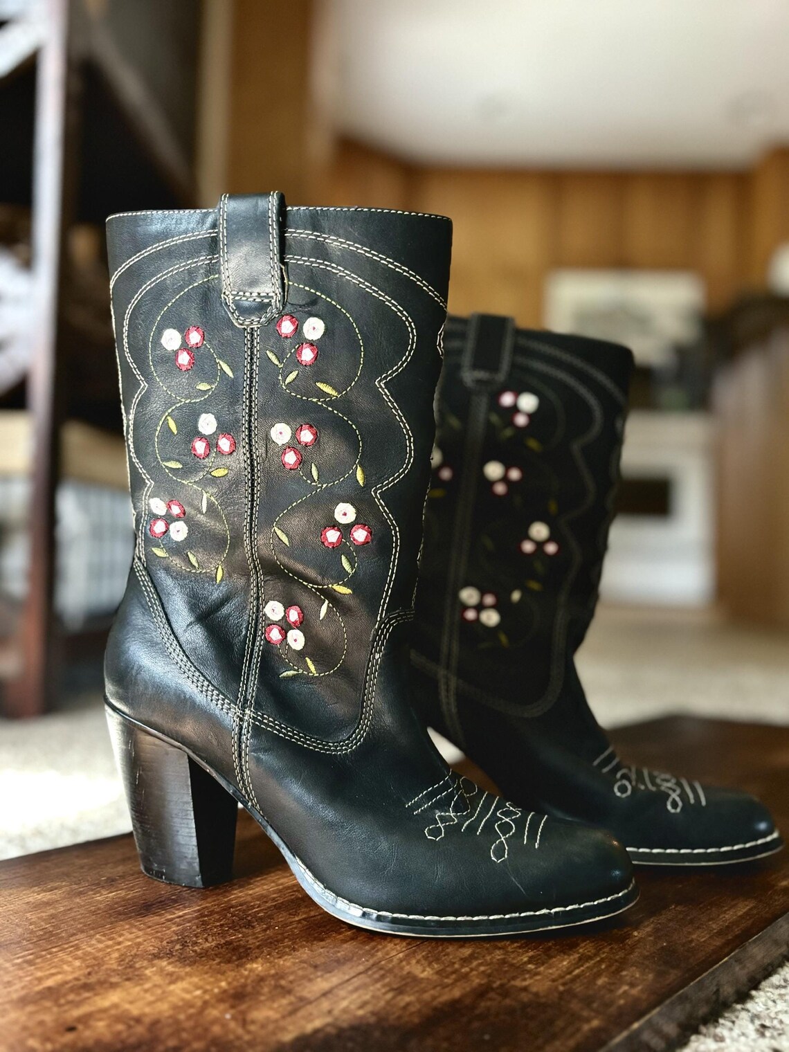 Seychelles Black Leather Cowgirl Cowboy Boots Floral Embroidered ...