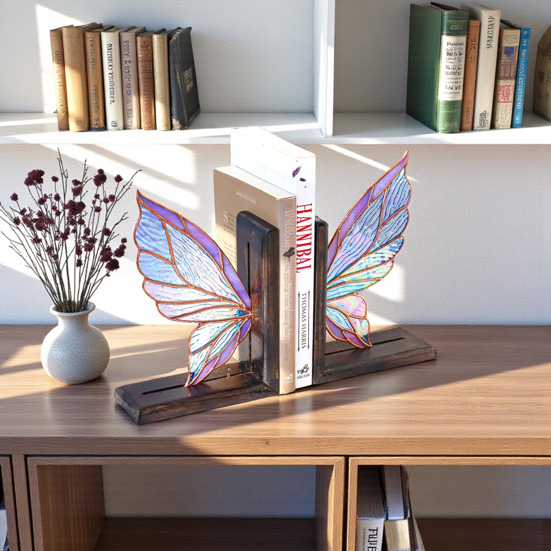 Fairy Wing Bookends, Iridescent Stained Glass Library Decor, Whimsical ...