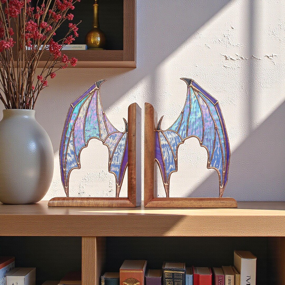 Dragon Wing Bookends Stained Glass, Iridescent Fantasy Library Decor ...