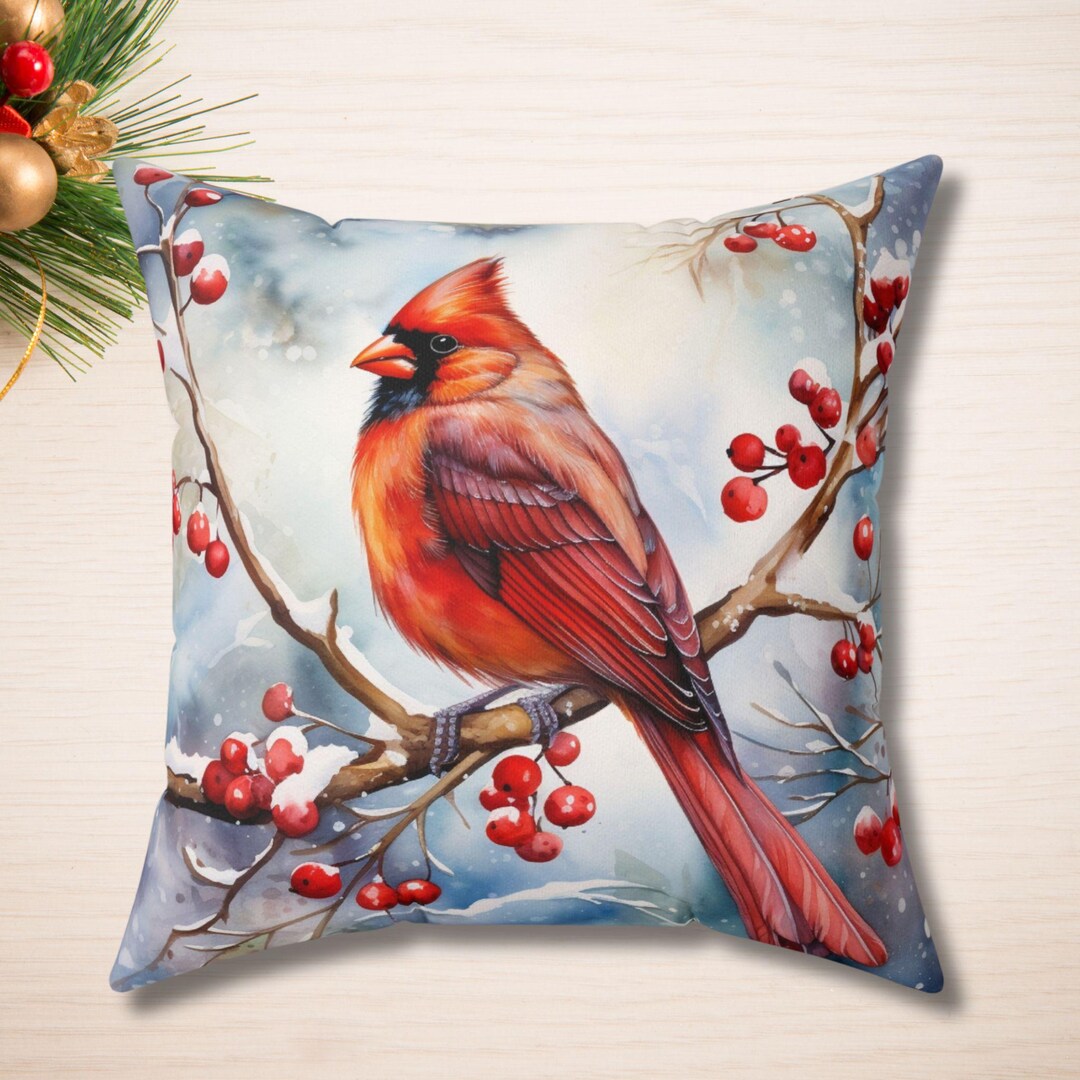 Cardinal Winter Throw Pillow – Snowy Bird & Berries Design - Etsy