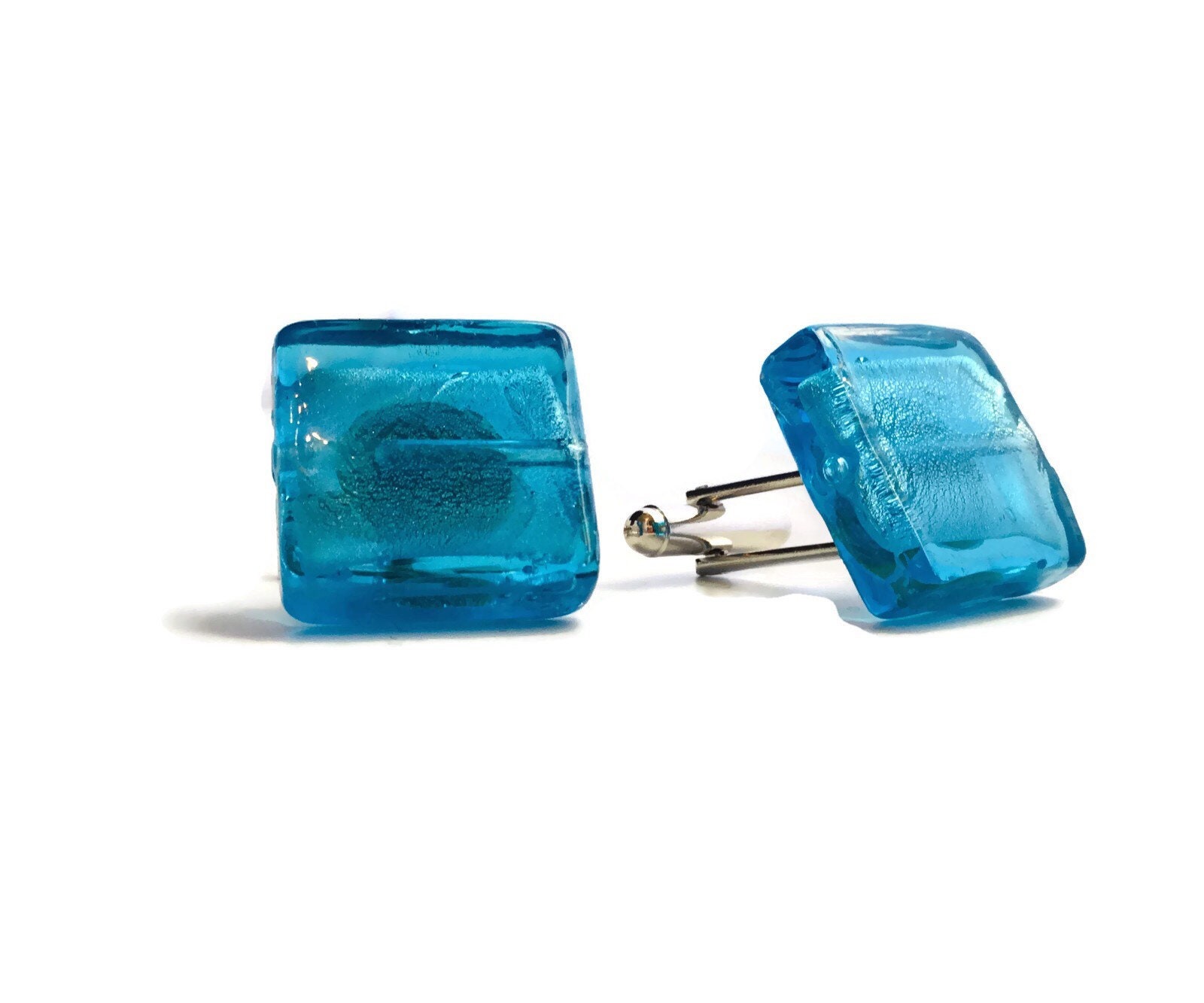 Murano Glass Cufflinks, Large Blue Handmade Glass Cuff Links, Square ...