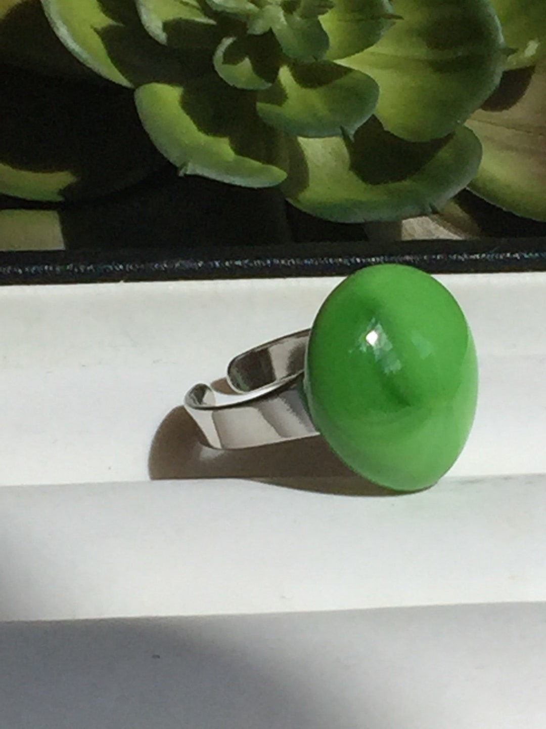 Green Stone Glass Ring - Handmade Chunky Adjustable Opaque Stone, Eco ...