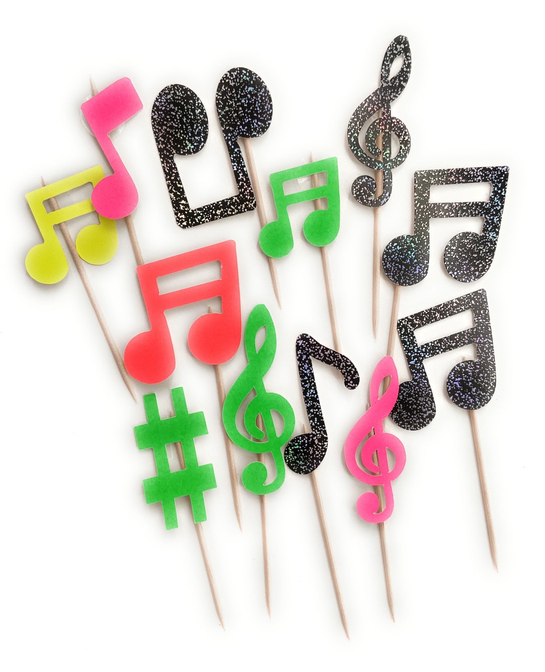 12 Music Note Cupcake Toppers, Neon Musical Theme Party Food Label Cake ...