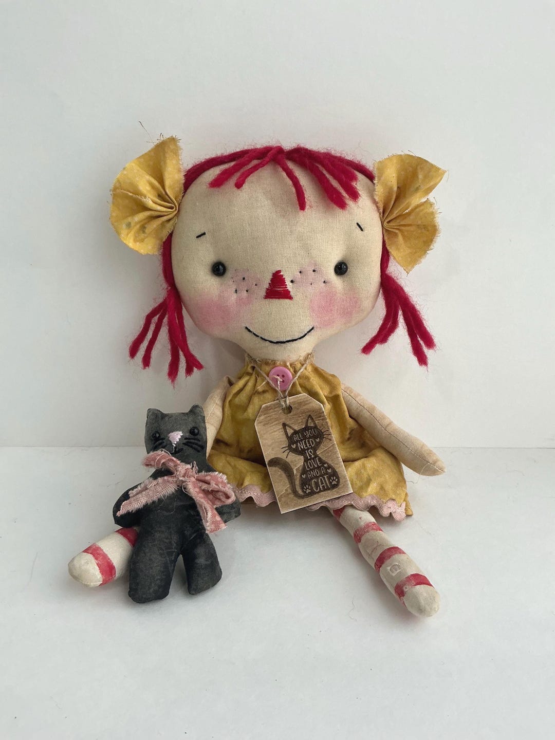 OOAK HANDMADE Raggedy Ann & Her Little Kitty Primitive Rag Doll ...