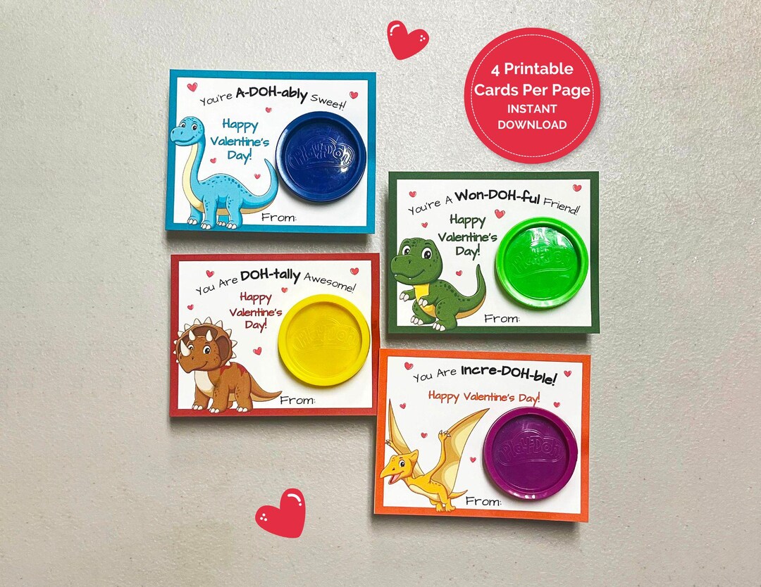 Valentine Dino, Play Dough Dinosaur Valentine Cards, Printable Play ...