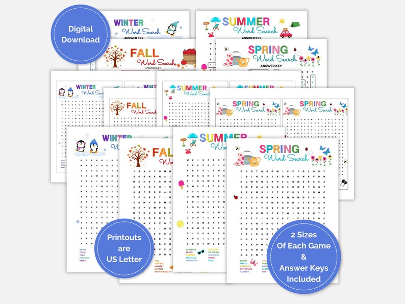Four Seasons Word Search Puzzle Bundle, Spring Word Search, Summer Word ...