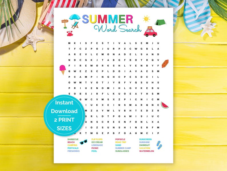 Summer Word Search Puzzle, Printable Summer Themed Word Games, Summer ...