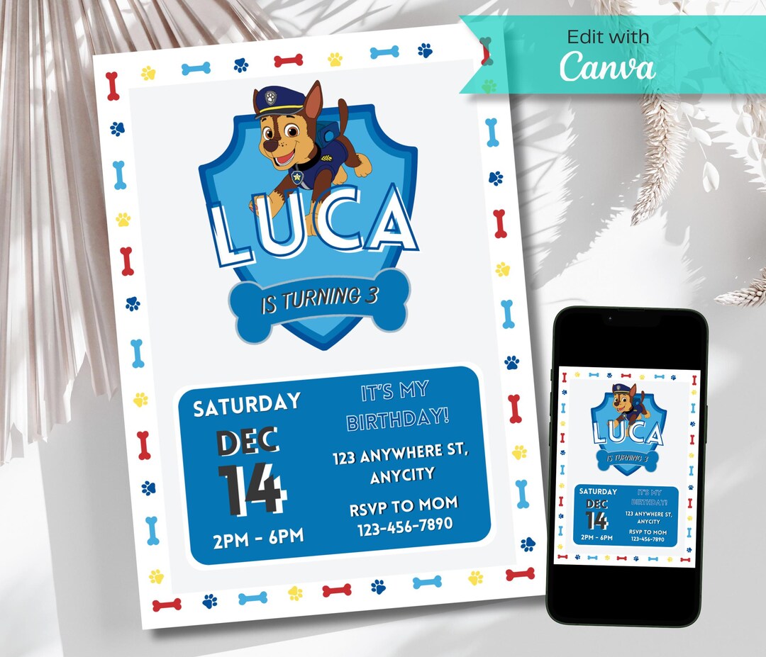 Chase Paw Kids Birthday Invitation, Marshall Birthday Invitation ...