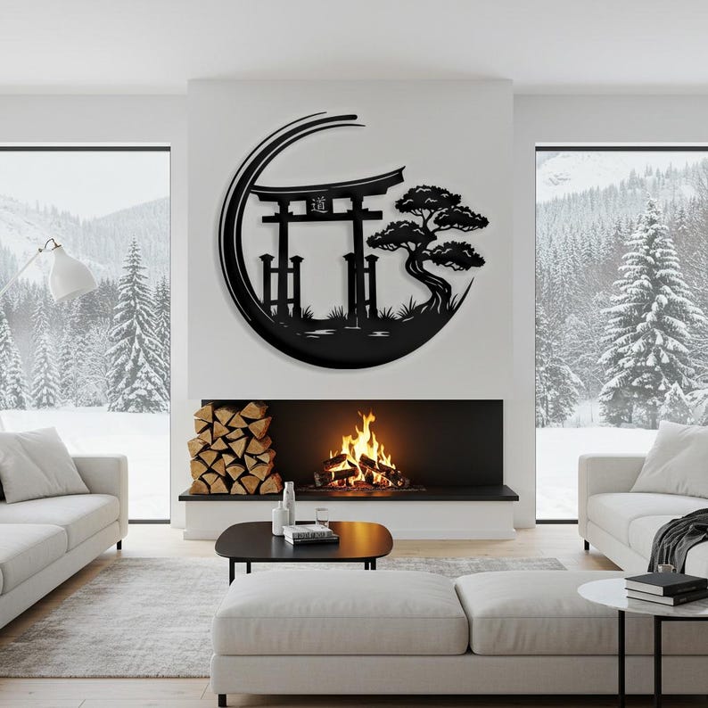 Zen Torii Gate Metal Wall Art, Japanese Garden Decor With Bonsai Tree ...