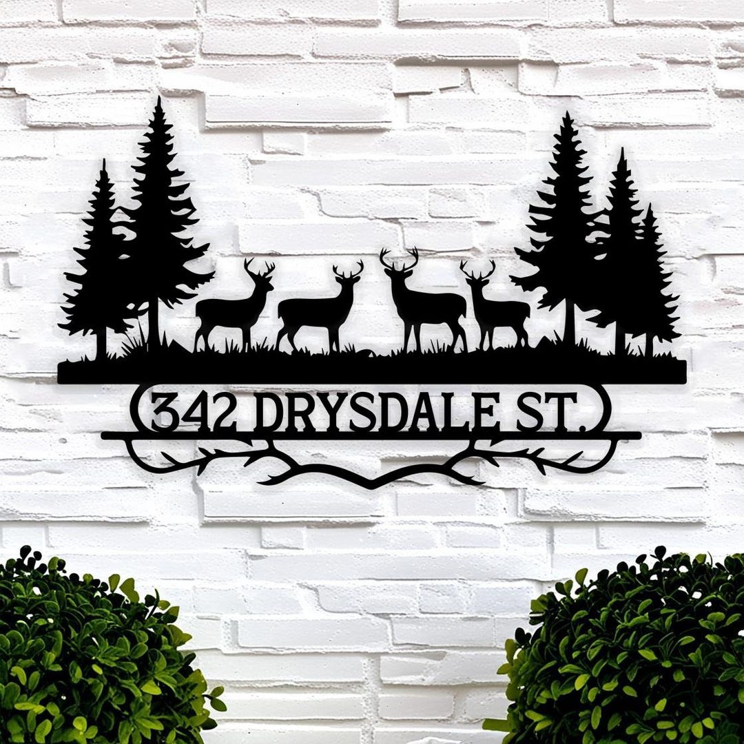 Rustic Deer Address Sign, Custom Metal Outdoor Name Sign for Cabin ...