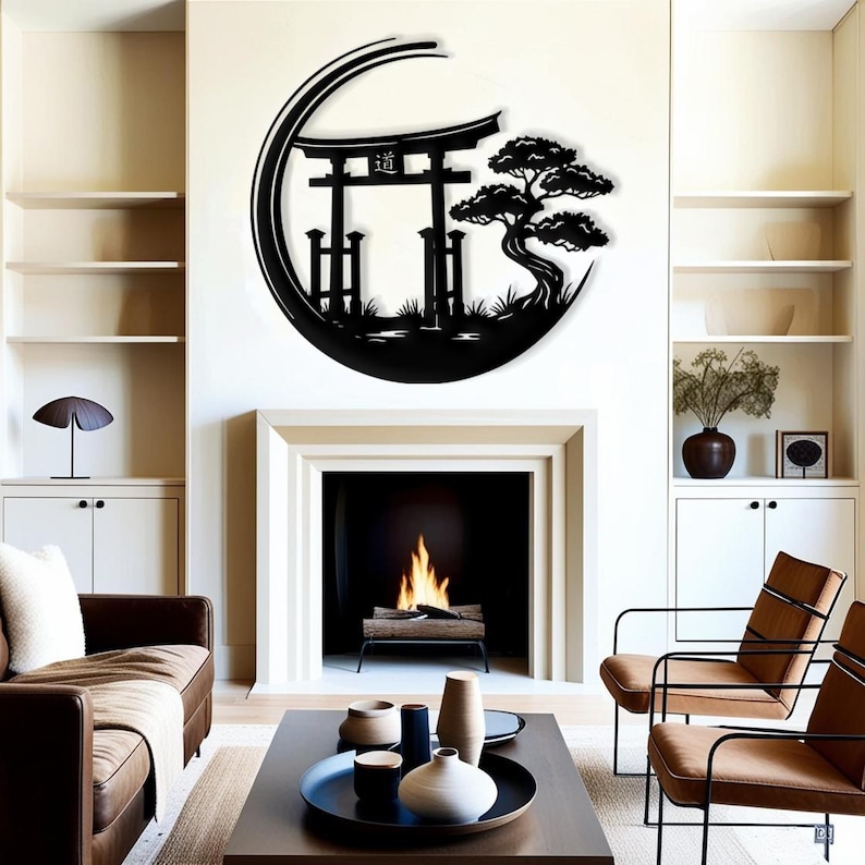 Zen Torii Gate Metal Wall Art, Japanese Garden Decor With Bonsai Tree ...