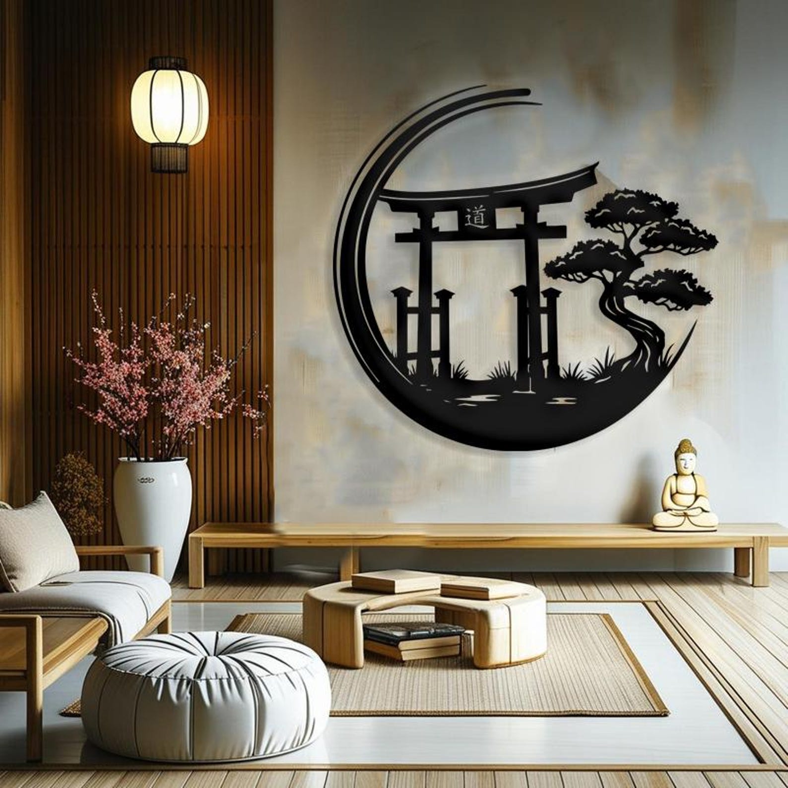Zen Torii Gate Metal Wall Art, Japanese Garden Decor With Bonsai Tree ...