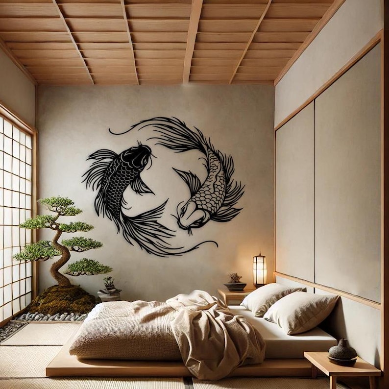 Koi Fish Metal Wall Art, Japanese Zen Decor, Modern Living Room Wall ...
