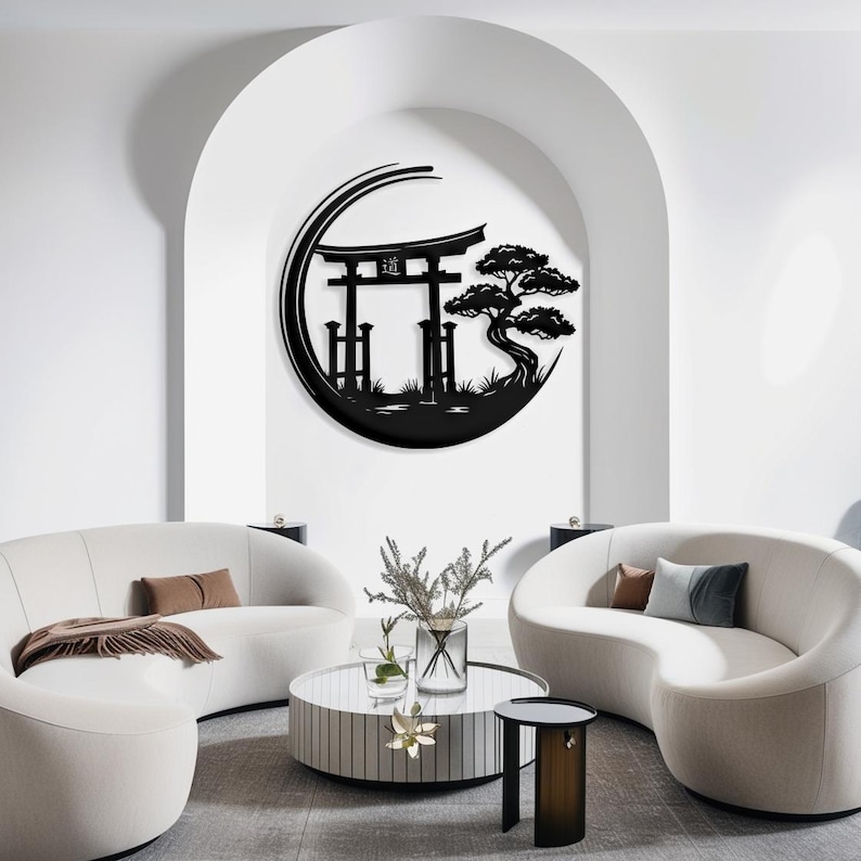 Zen Torii Gate Metal Wall Art, Japanese Garden Decor With Bonsai Tree ...