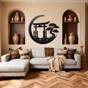 Zen Torii Gate Metal Wall Art, Japanese Garden Decor With Bonsai Tree ...