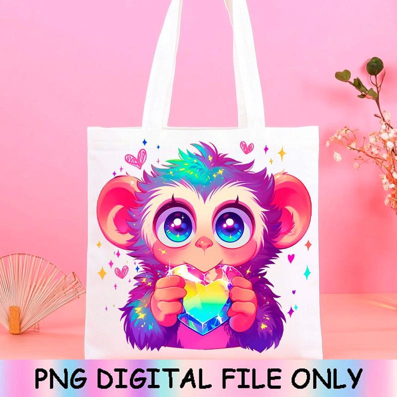 Kawaii Monkey With Heart PNG, Sparkle Monkey PNG Design, Diamond Heart ...