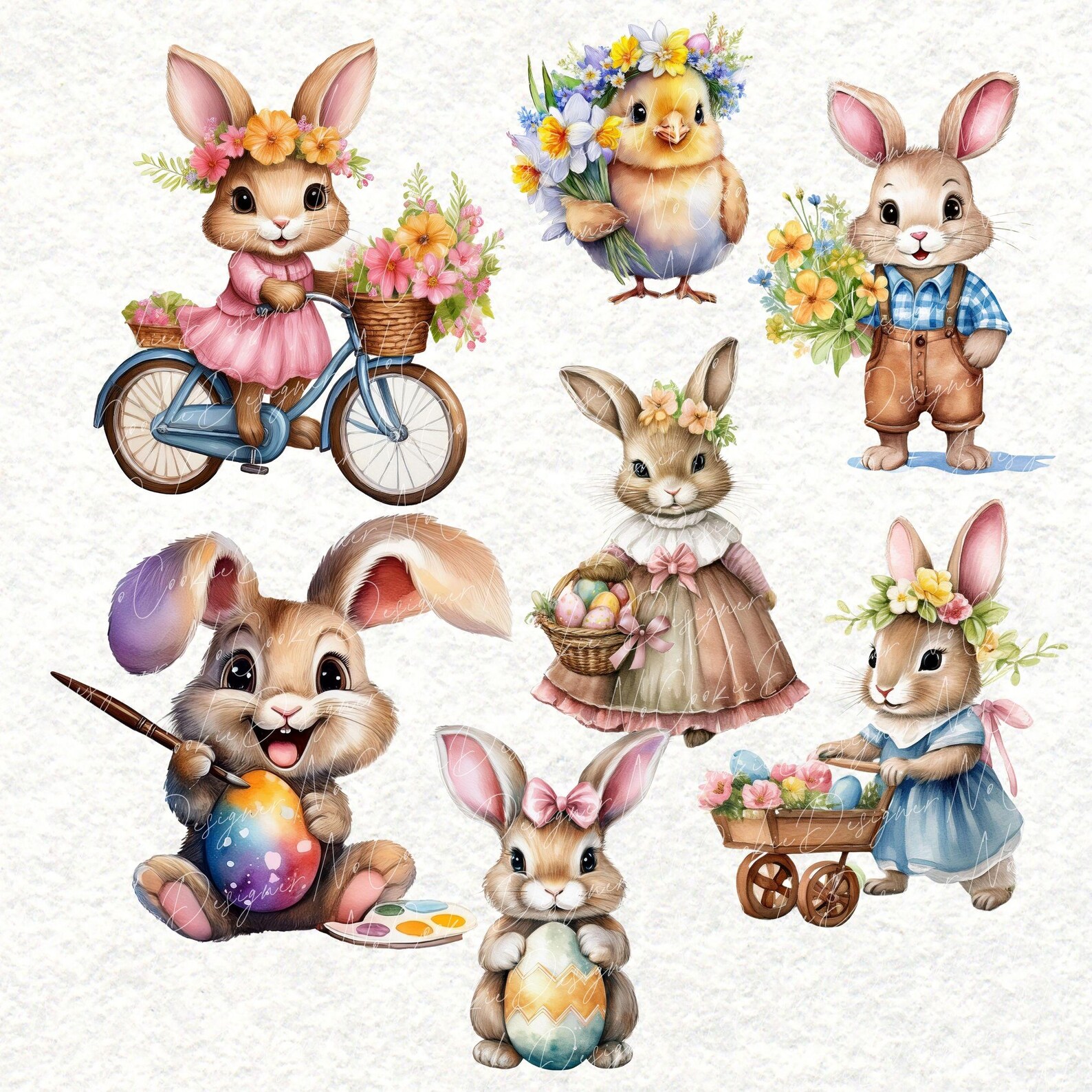 7 Easter Clipart JPG & 7 STL Cookie Cutter, Chick With Bouquet Bunny ...