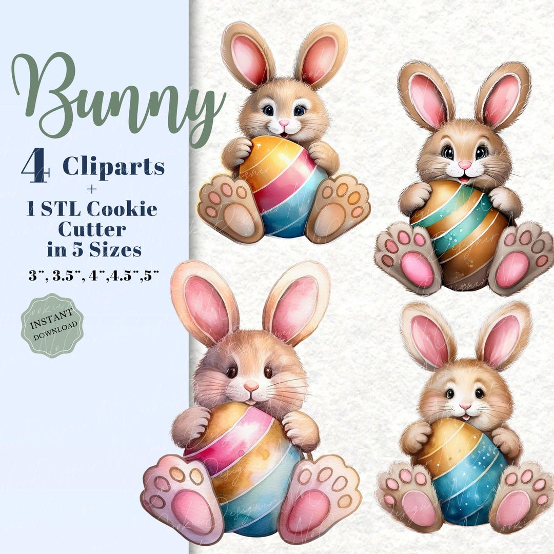 4 Easter Bunny Clipart JPG & STL Cookie Cutter Bundle – 4 Rabbit ...