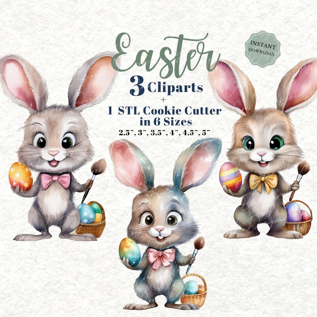 3 Easter Bunny Clipart & 1 Cookie Cutter STL | Cute Designs | Digital ...