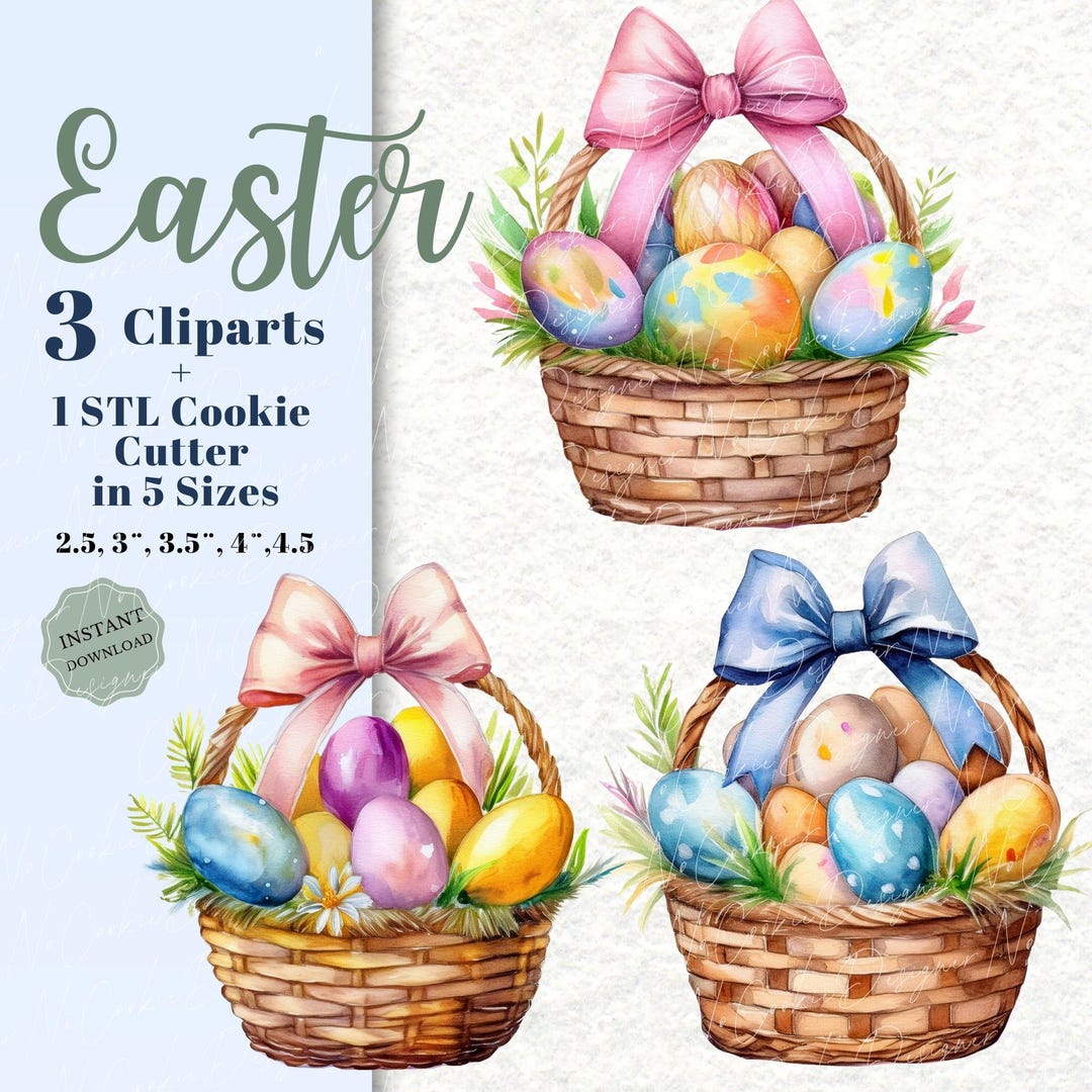 3 Easter Baskets Clipart & 1 Cookie Cutter STL - Eggs Watercolor Bungle ...