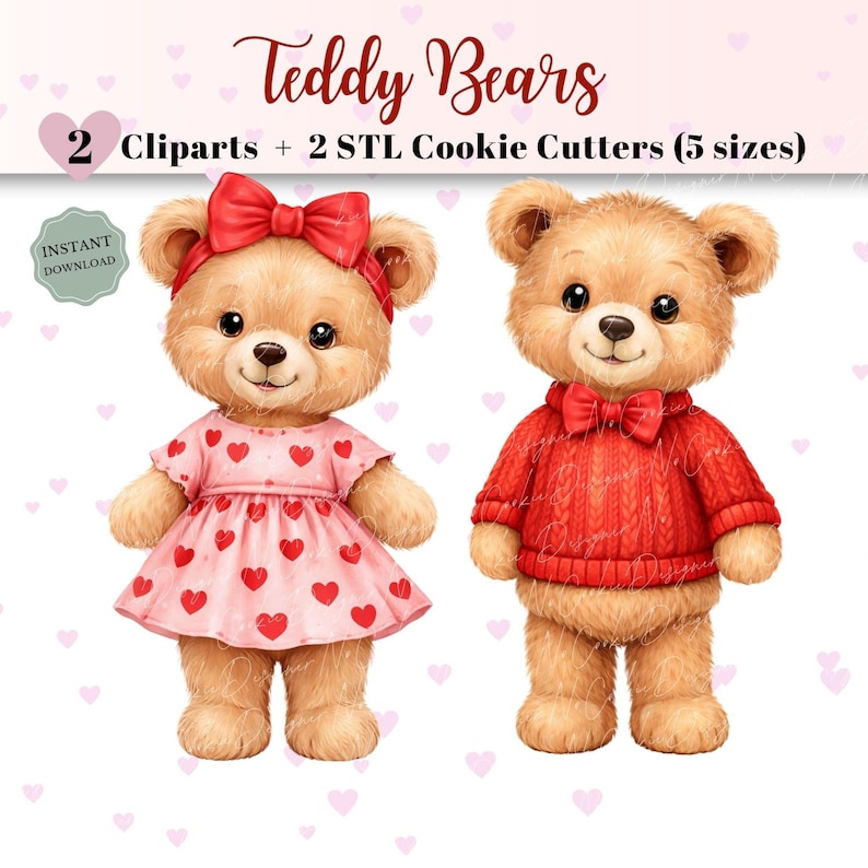Boy and Girl Teddy Bear Valentine’s Day 2 Clipart JPG & 2 STL Cookie ...