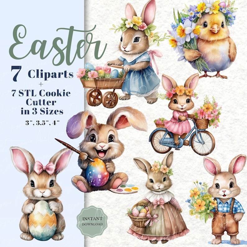7 Easter Clipart JPG & 7 STL Cookie Cutter, Chick With Bouquet Bunny ...