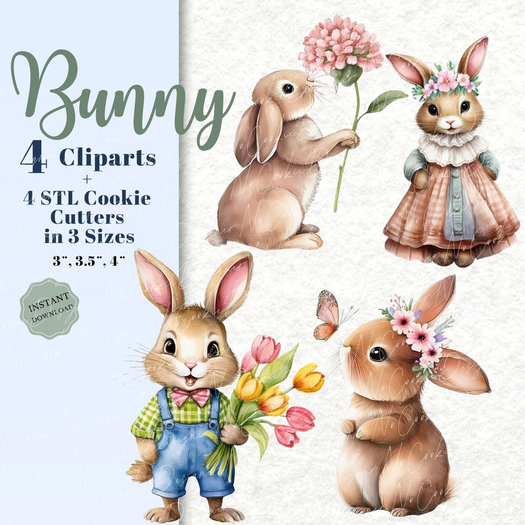 4 Bunnies Clipart JPG & 4 STL Cookie Cutters, Watercolor Easter Bundle ...
