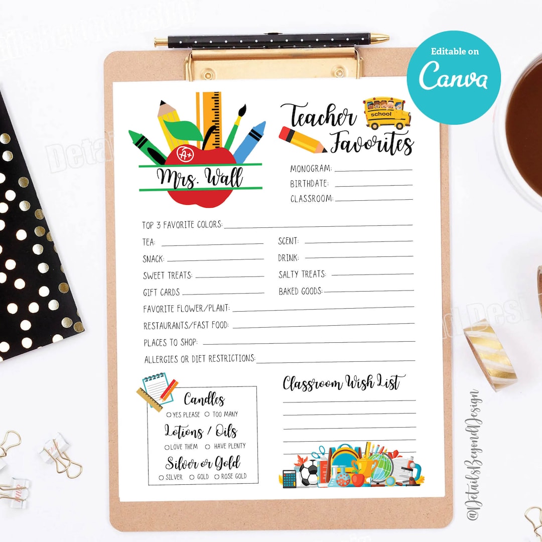 Editable in Canva - Teacher Favorites - Detailed Questionnaire ...