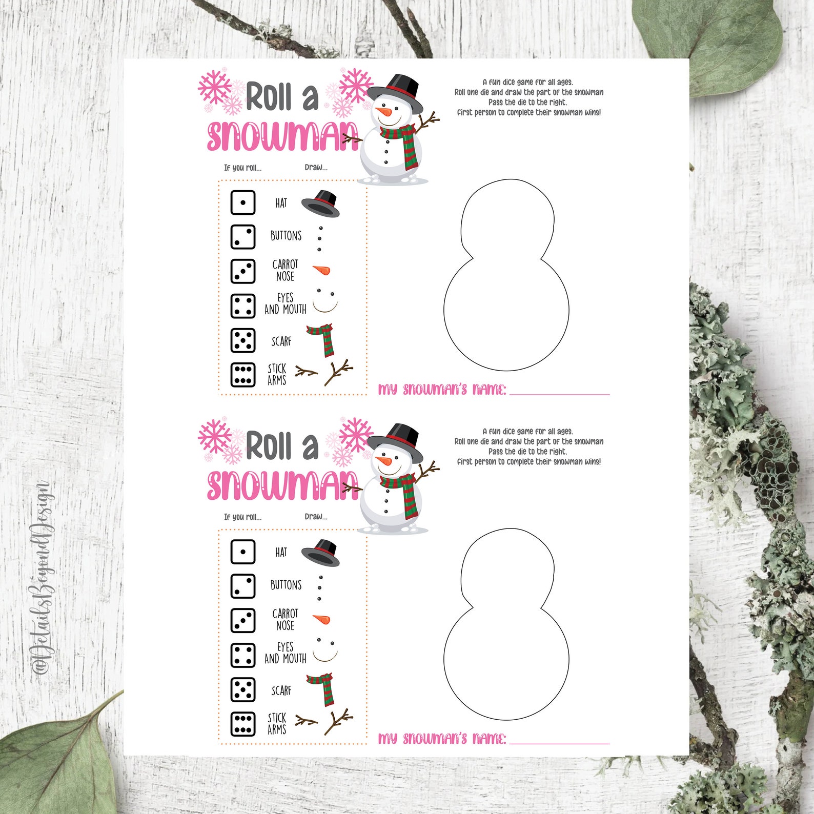 Holiday Roll a Snowman Dice Game - Children's Game Card - Build / Draw ...